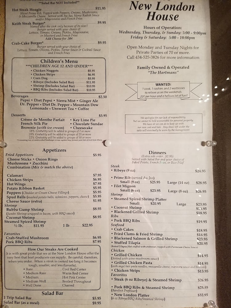 New London Steak House Menu (Updated 12/2025)
