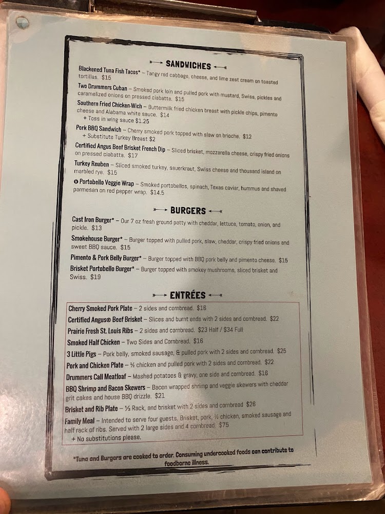 Two Drummers Smokehouse Menu (Updated 10/2025)