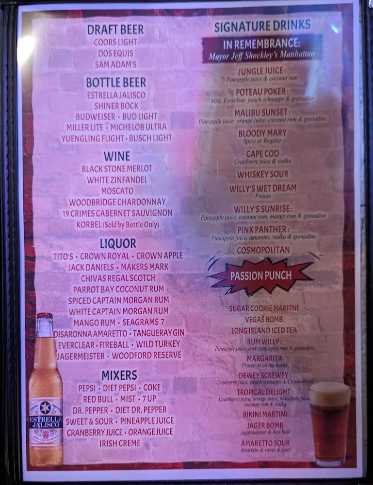 Warehouse Willy's Menu (Updated 10/2025)