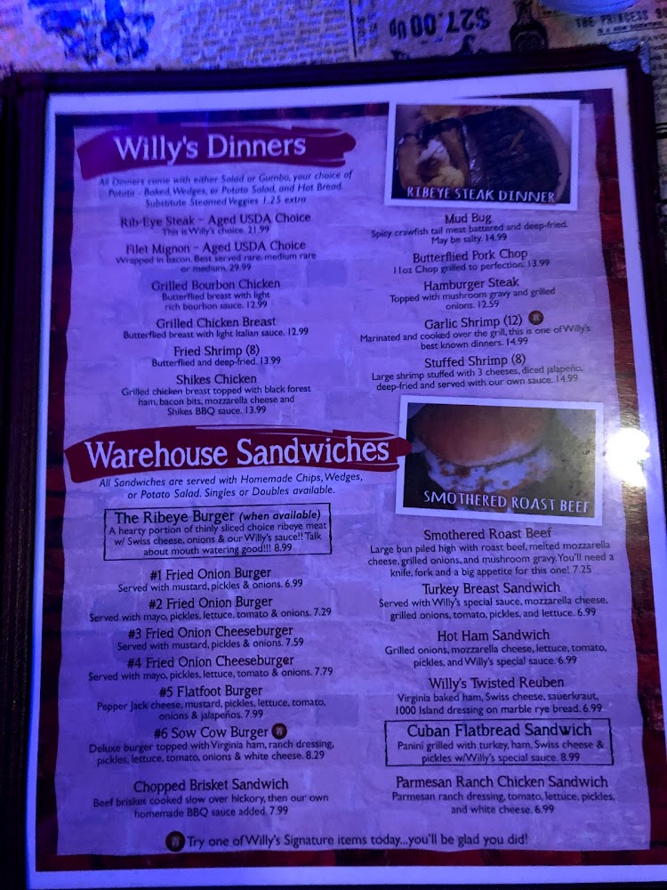 Warehouse Willy's Menu (Updated 10/2025)