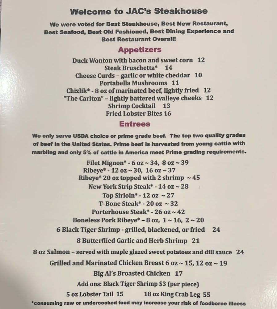 JAC's Steakhouse Menu (Updated 05/2026)
