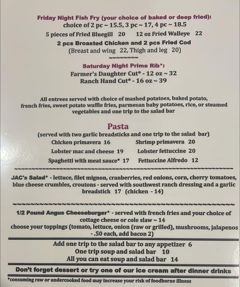 JAC's Steakhouse Menu (Updated 05/2026)